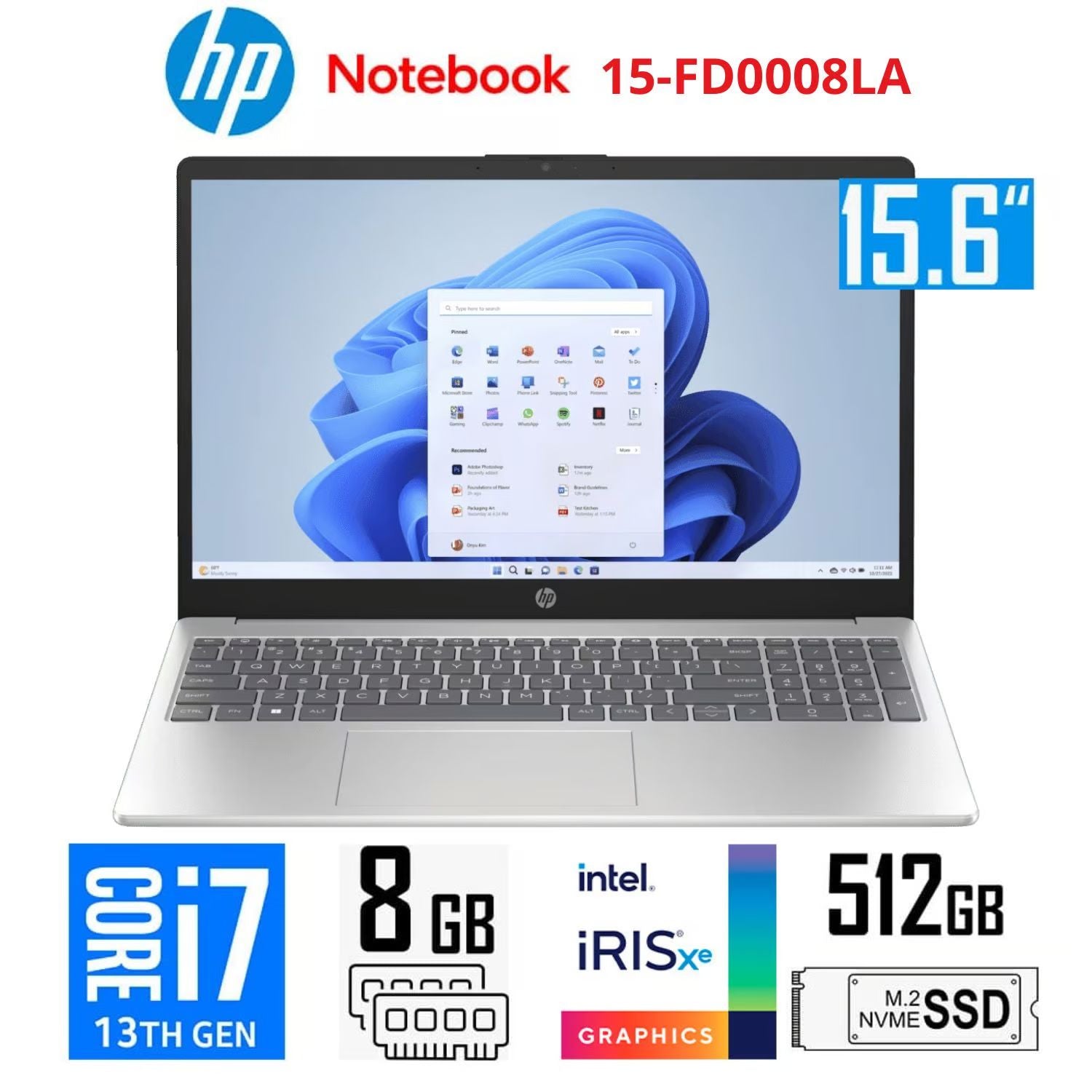 Laptop HP 15-FD0008LA Intel Core i7-1355U 8GB RAM 512GB SSD 15.6" Wind ...
